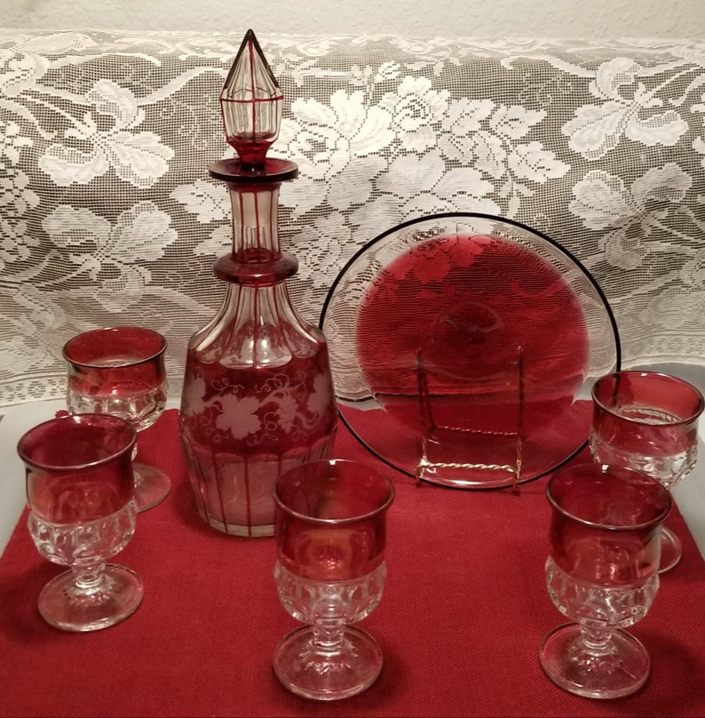 Vintage Bohemian Czech Ruby Red Cut to Clear Wine Decanter | Etsy