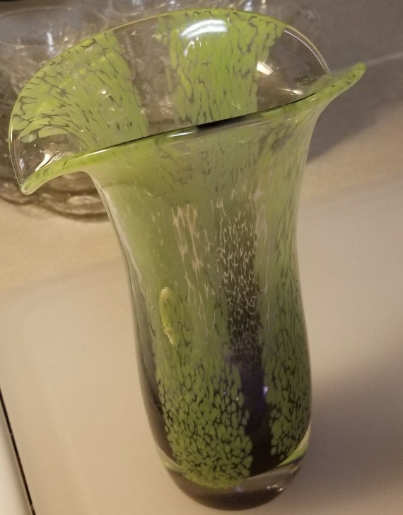 Teleflora Murano Glass Vase Green Specked Flared Top / Hand | Etsy