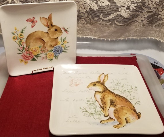 Square Porcelain Floral and Bunny Rabbit Plates Two Plates - Etsy