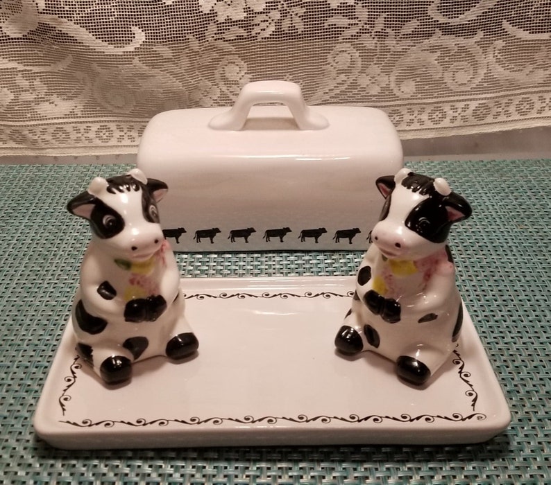 White Ceramic Farmhouse Butter Dish & Cow Shaped Salt and - Etsy
