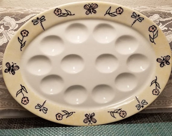 Large Ceramic Deviled Egg Platter Butterflies and Flowers | Etsy