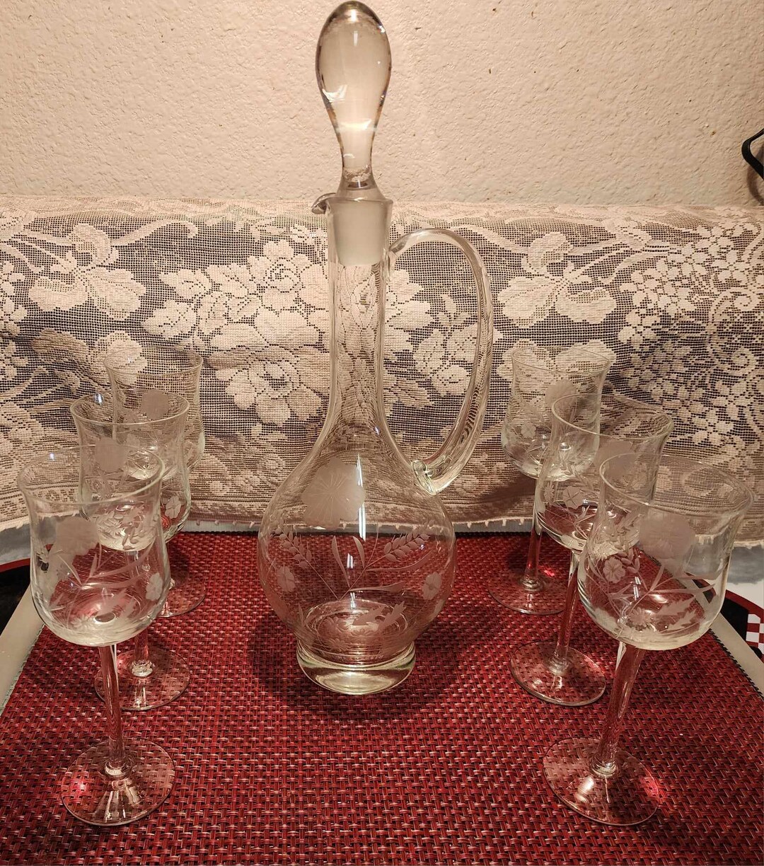 Floral Etched Romania Decanter and Matching Glassware (6) - Etsy