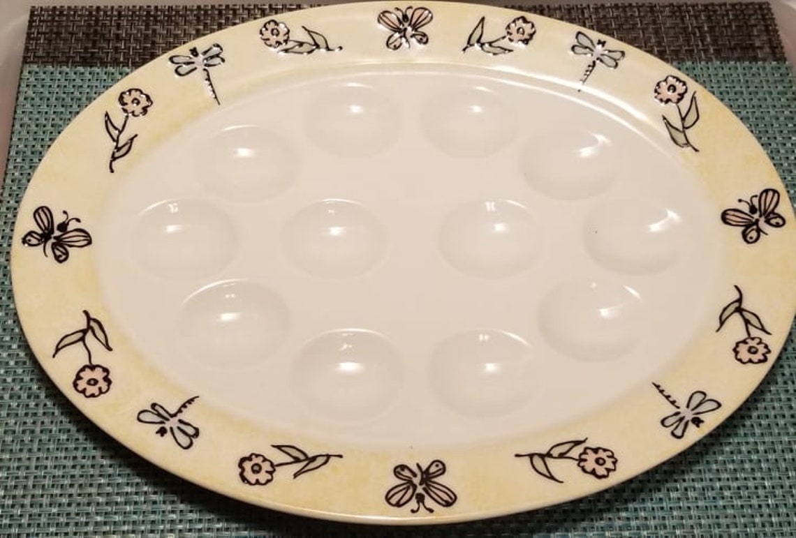 Large Ceramic Deviled Egg Platter Butterflies and Flowers | Etsy