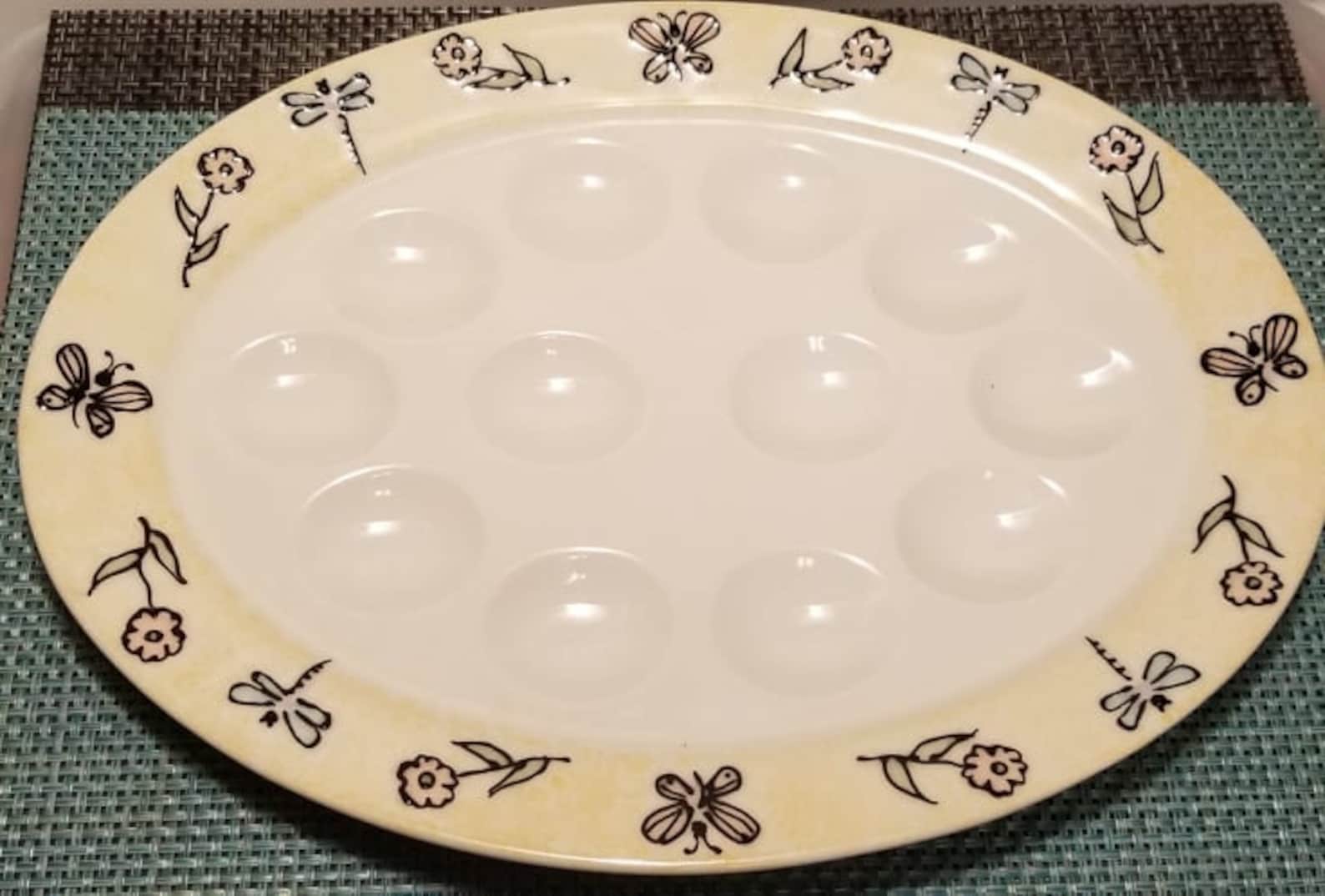 Large Ceramic Deviled Egg Platter Butterflies and Flowers | Etsy