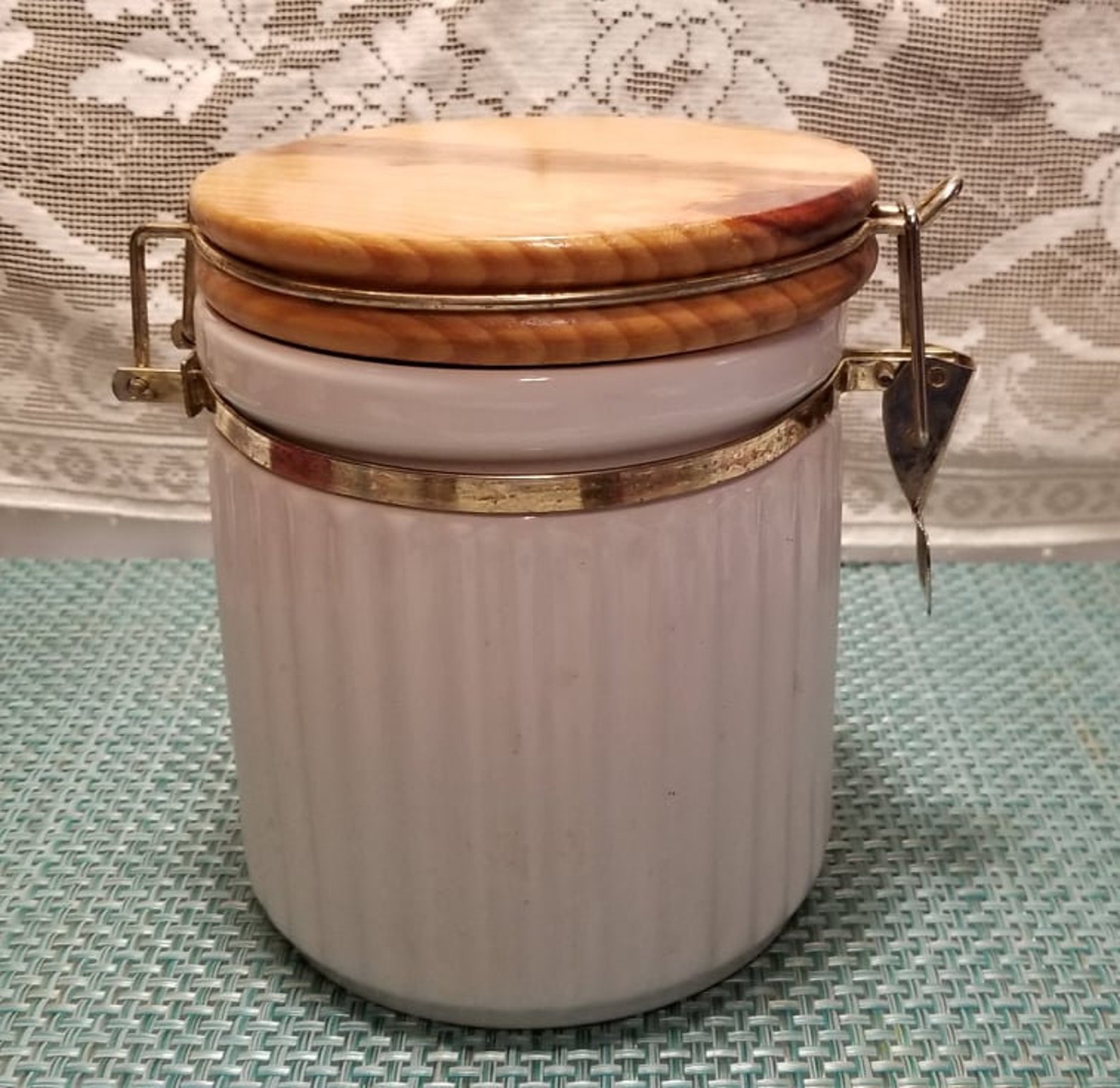 Vintage White Ceramic Kitchen Canister with Wood Metal locking | Etsy