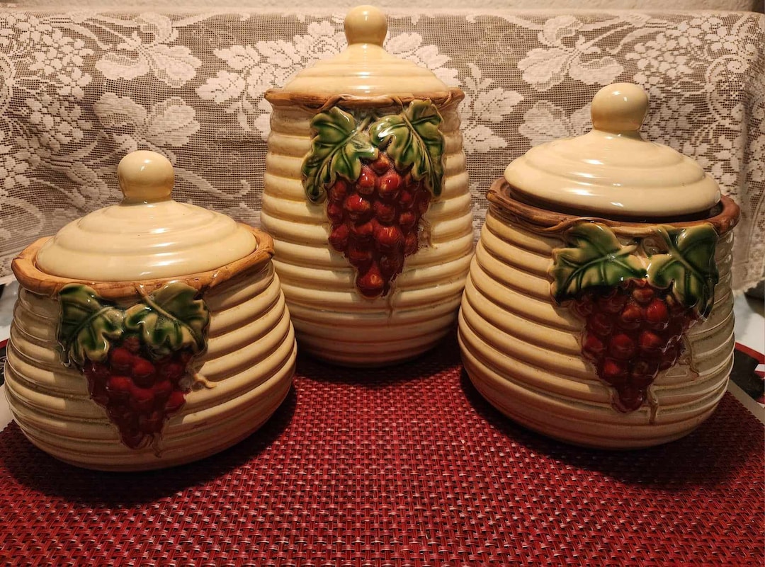 Pottery Grape Embossed Kitchen Canisters (3) - Etsy