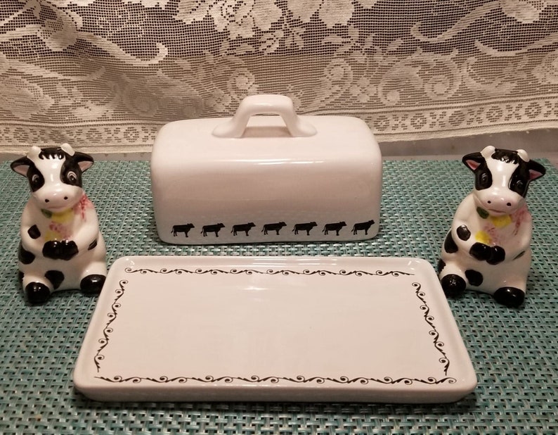 White Ceramic Farmhouse Butter Dish & Cow Shaped Salt and - Etsy