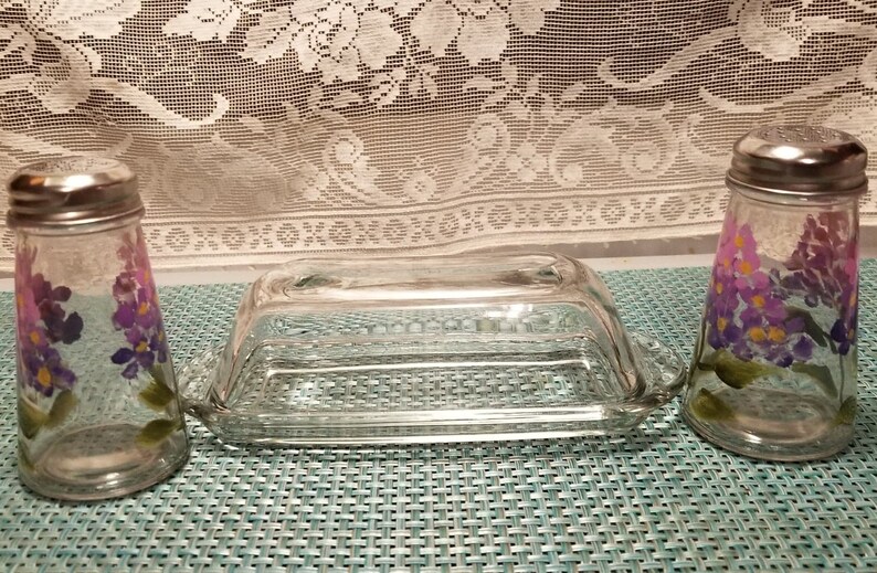 Clear Glass Butter Dish with Floral Glass Salt and Pepper | Etsy