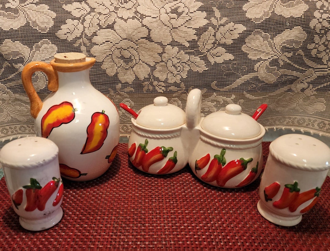 Chili Pepper Designed Cruet, Salt and Pepper Set, and Condiment Holder ...