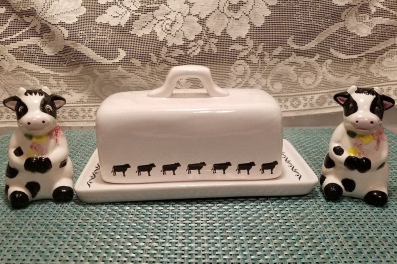 White Ceramic Farmhouse Butter Dish & Cow Shaped Salt and - Etsy
