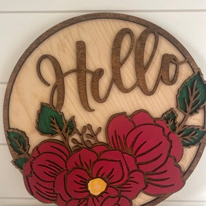 Hello Floral Round Wood Sign for Front Door Porch or Entry Way- Welcome ...
