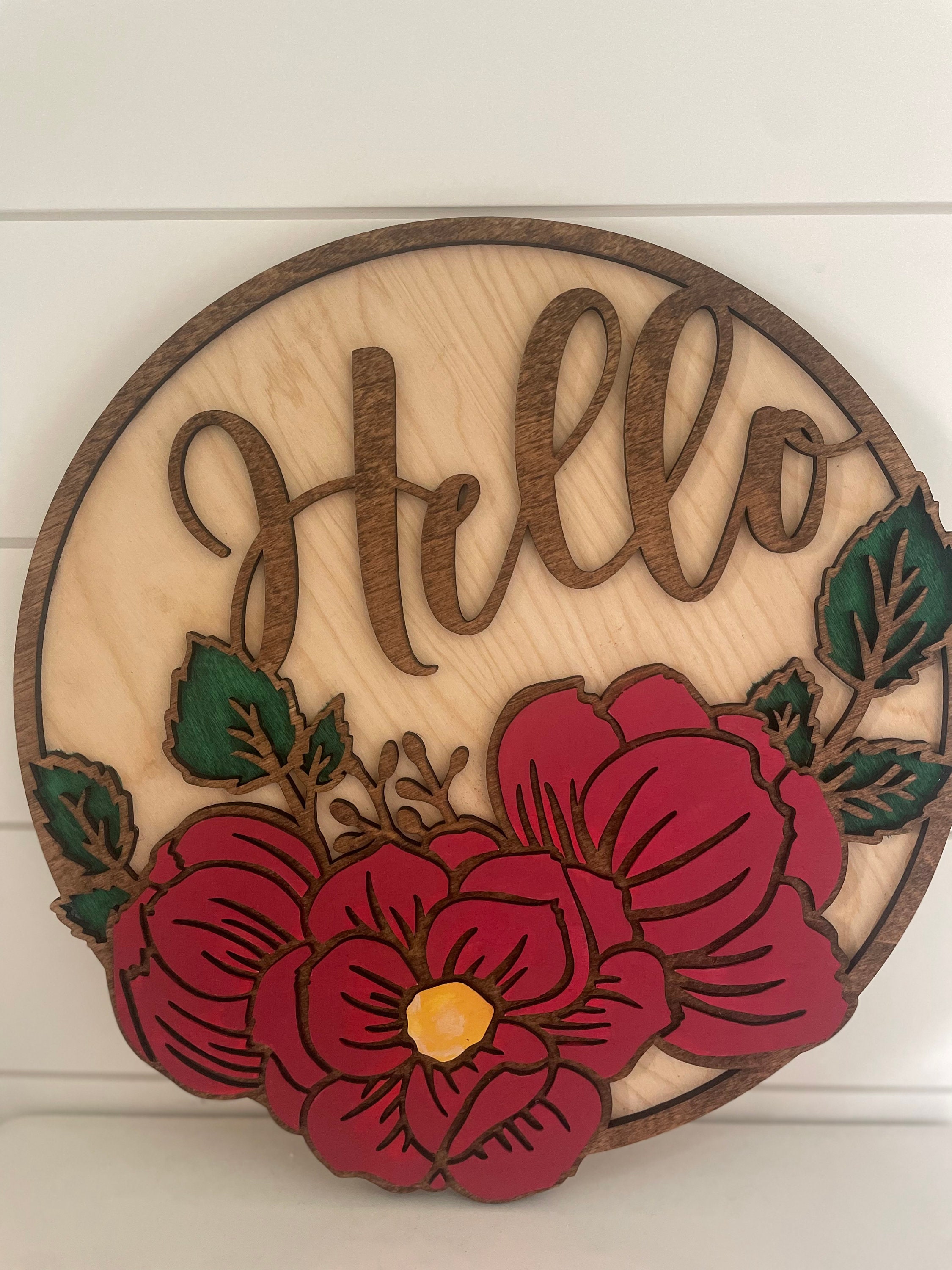 Hello Floral Round Wood Sign for Front Door Porch or Entry Way- Welcome ...