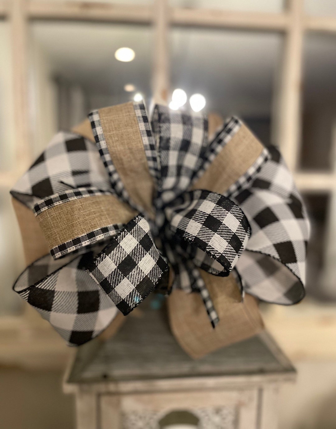 Black and White Buffalo Plaid and Burlap Bow, Christmas Decoration ...