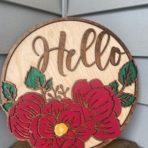 Hello Floral Round Wood Sign for Front Door Porch or Entry Way- Welcome ...