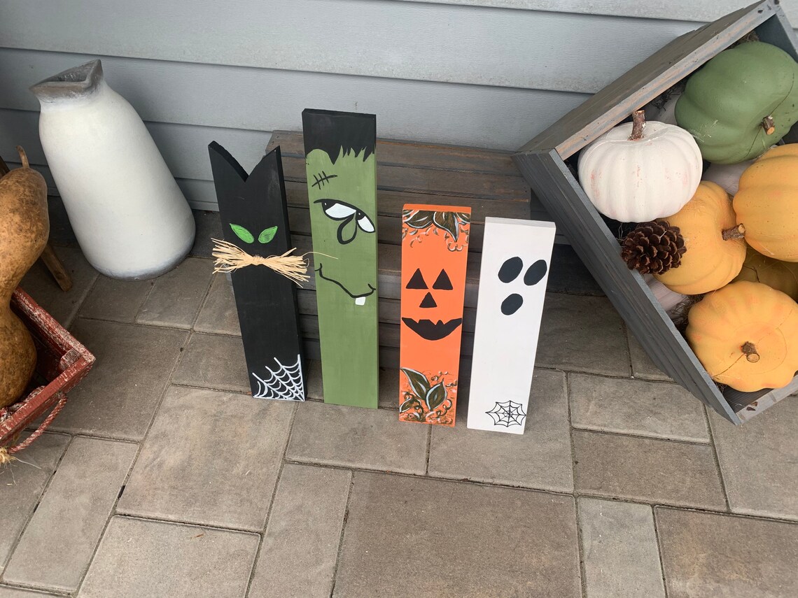 Hand Painted Halloween Ghost Frankenstein Cat and Pumpkin - Etsy