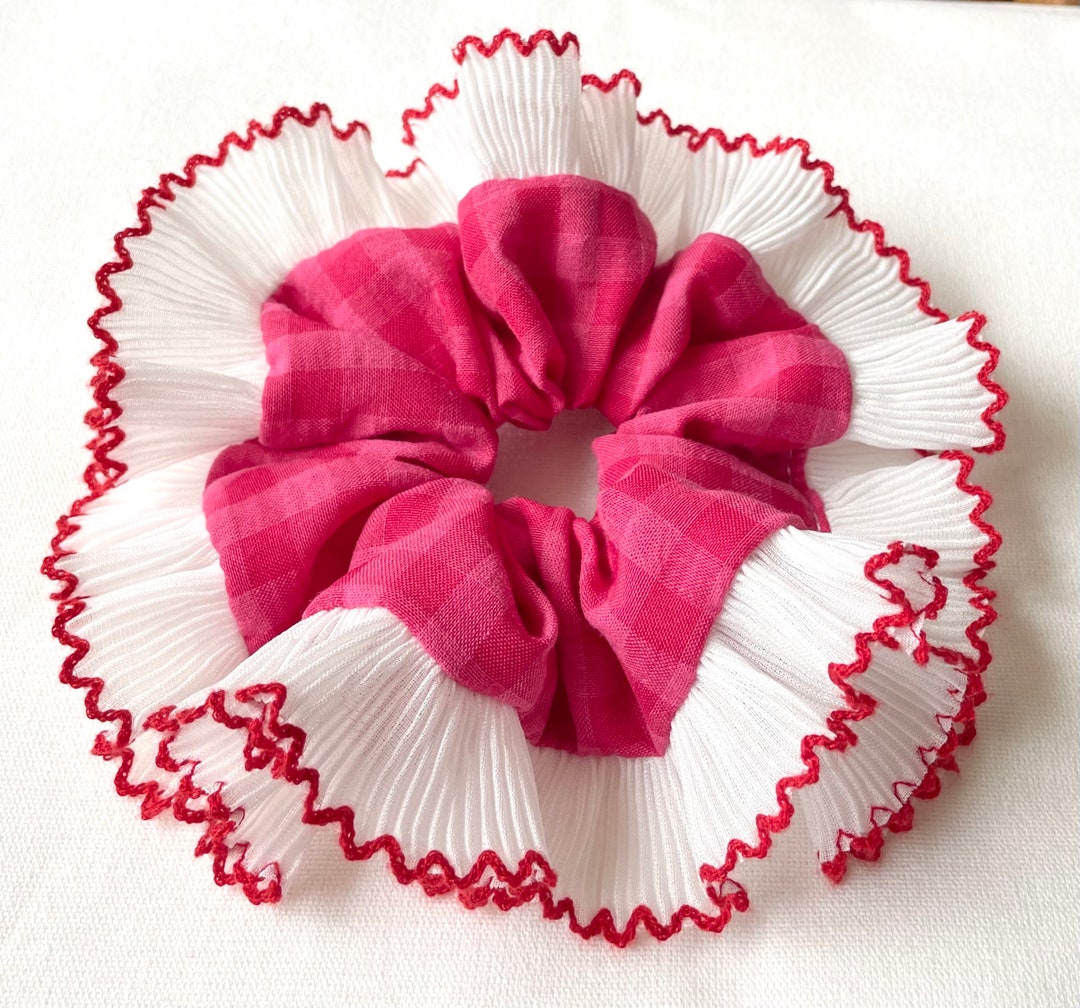 Red Plaid Lace Scrunchie, French Pleated Trim Scrunchie, Oversize ...