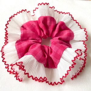 Red Plaid Lace Scrunchie, French Pleated Trim Scrunchie, Oversize ...