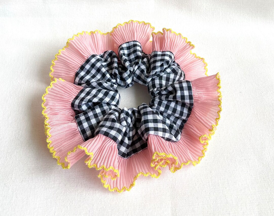 Pleated Lace Scrunchie, Oversize Black Gingham Scrunchie, XL Scrunchie ...