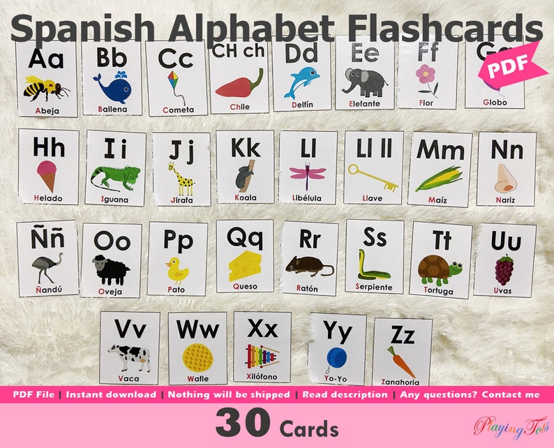 Spanish Alphabet Flash Cards Printable, Alphabet Picture Flashcards ...