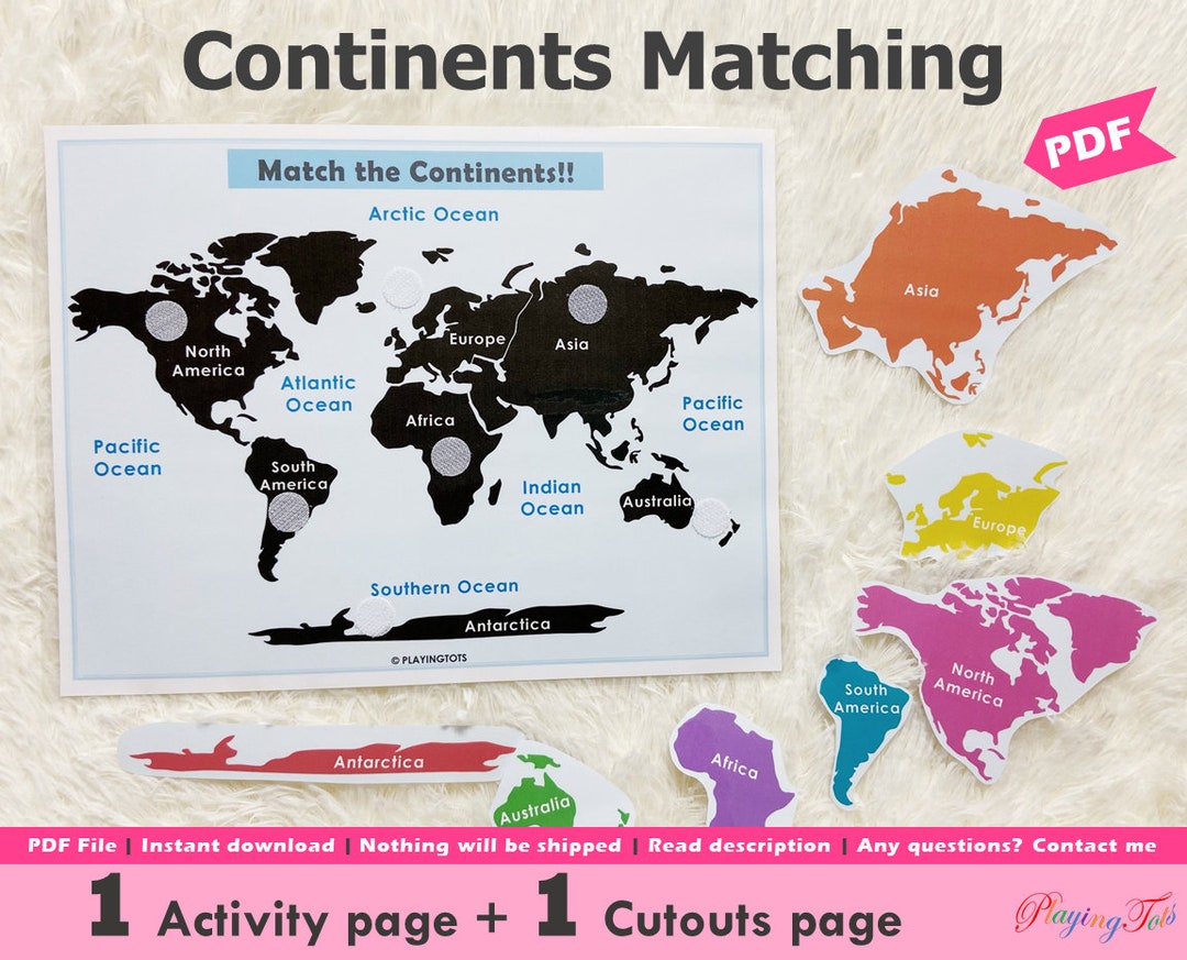 Continents Matching Activity Printable, Continents of the World, World ...