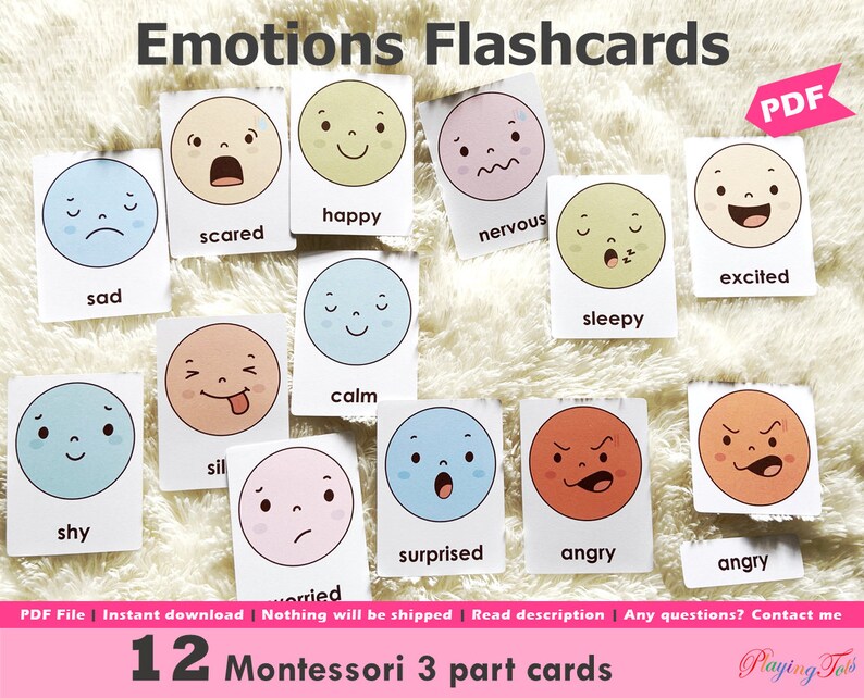 Emotions Flashcards Printable Feelings Montessori 3 Part | Etsy