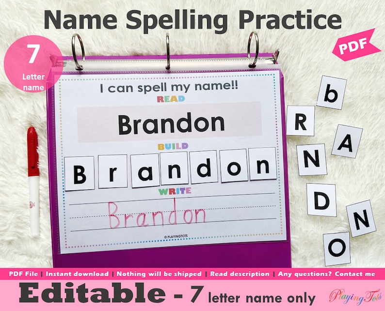 Editable 7 Letter Name Spelling Practice Activity Printable, Name ...