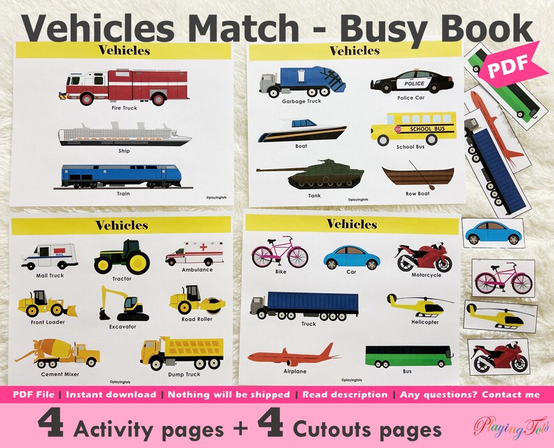 Vehicles Chart Printable Vehicle Match Toddler Busy Book | Etsy