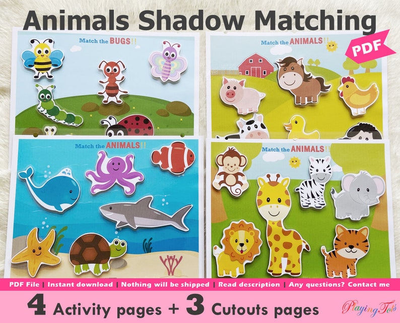 Animals Shadow Matching Activity Printable Bugs Silhouette - Etsy