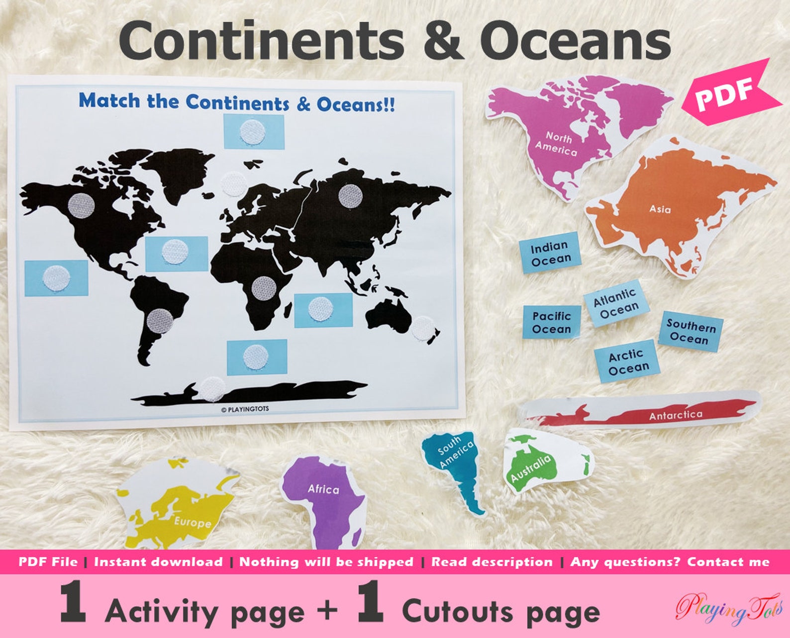Continents and Oceans Matching Activity Printable Continents | Etsy