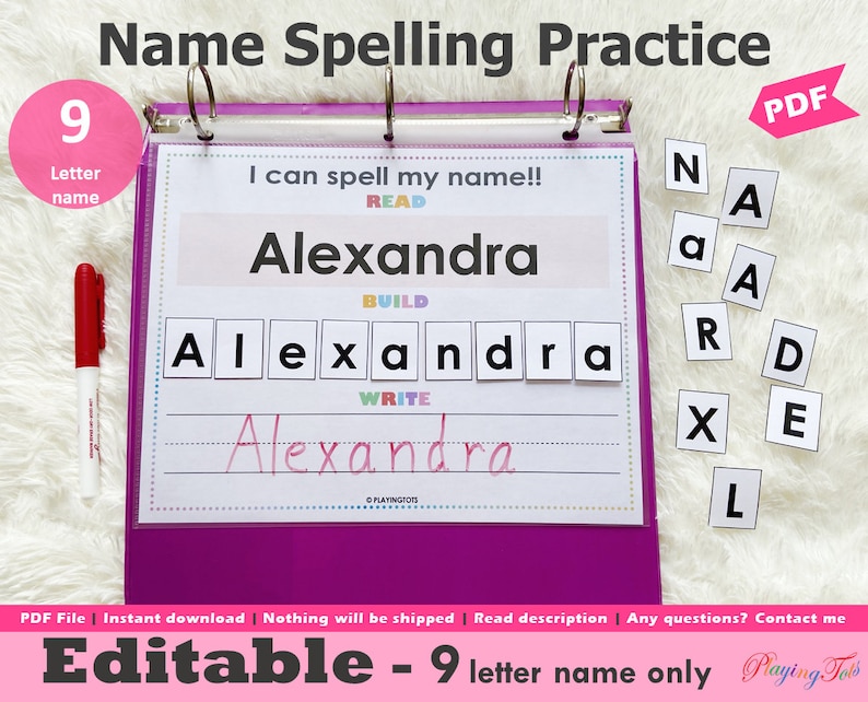 Editable 9 Letter Name Spelling Practice Activity Printable | Etsy