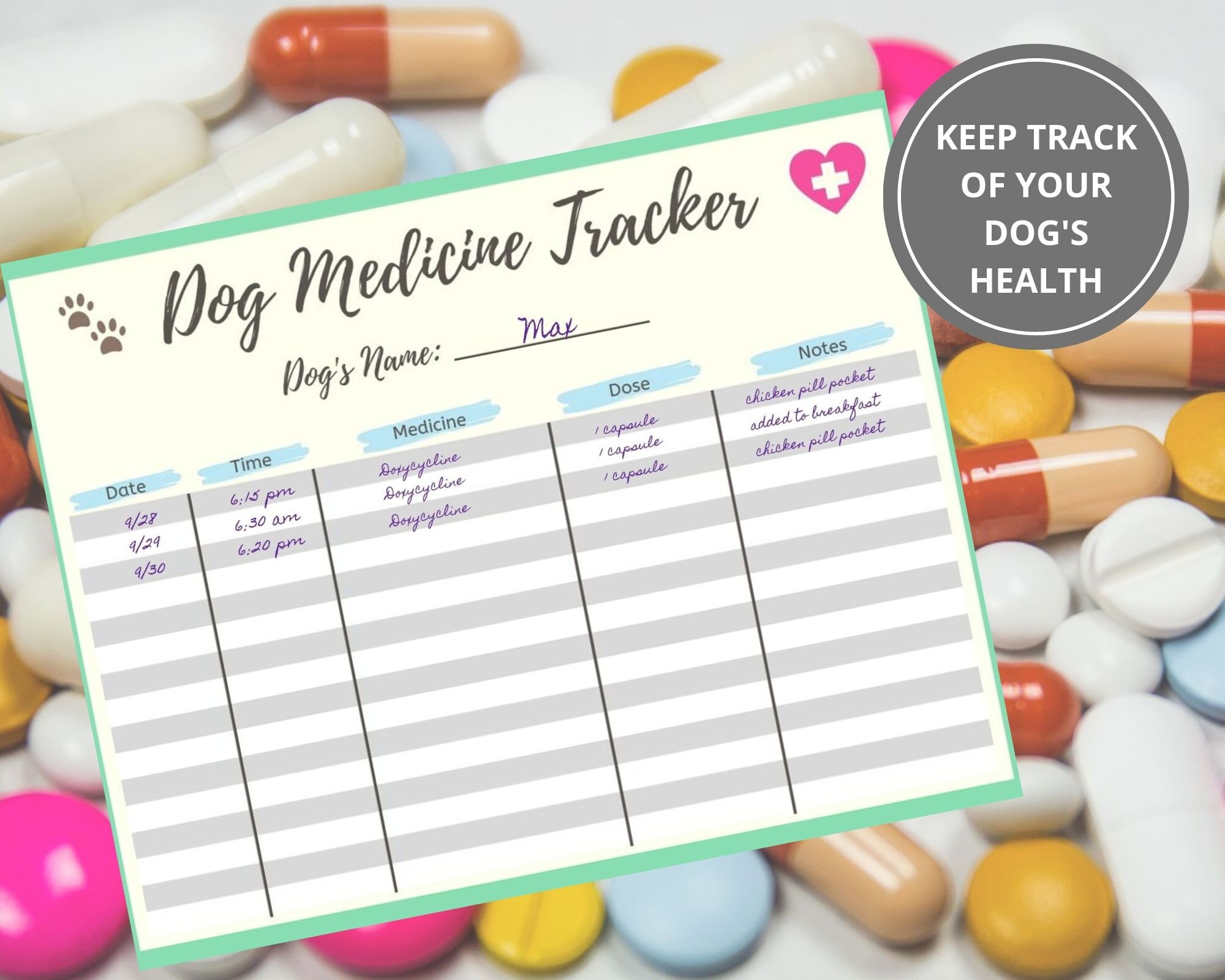 Dog Medicine Tracker Schedule Reminder Log Digital Download Printable ...