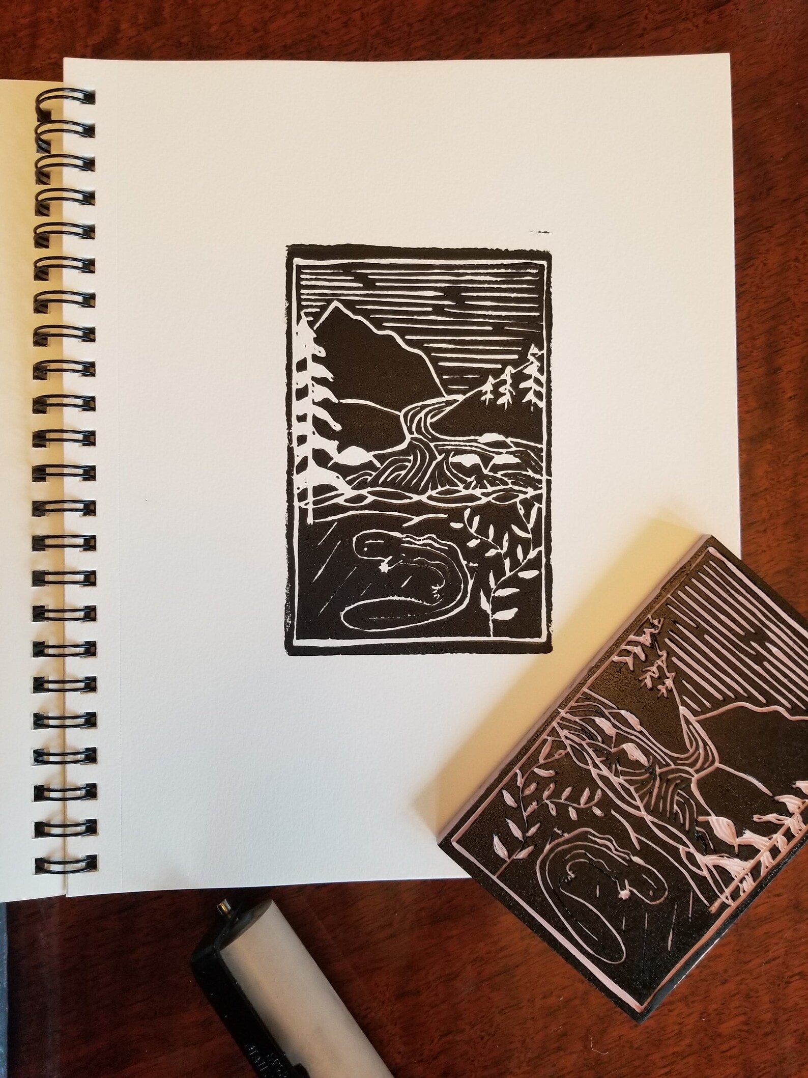 Eastern Hellbender Salamander in Mountains Block Print, Linocut ...