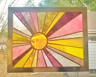 Rainbow Sunburst / Stained Glass Window Hanging Panel / Framed | Etsy