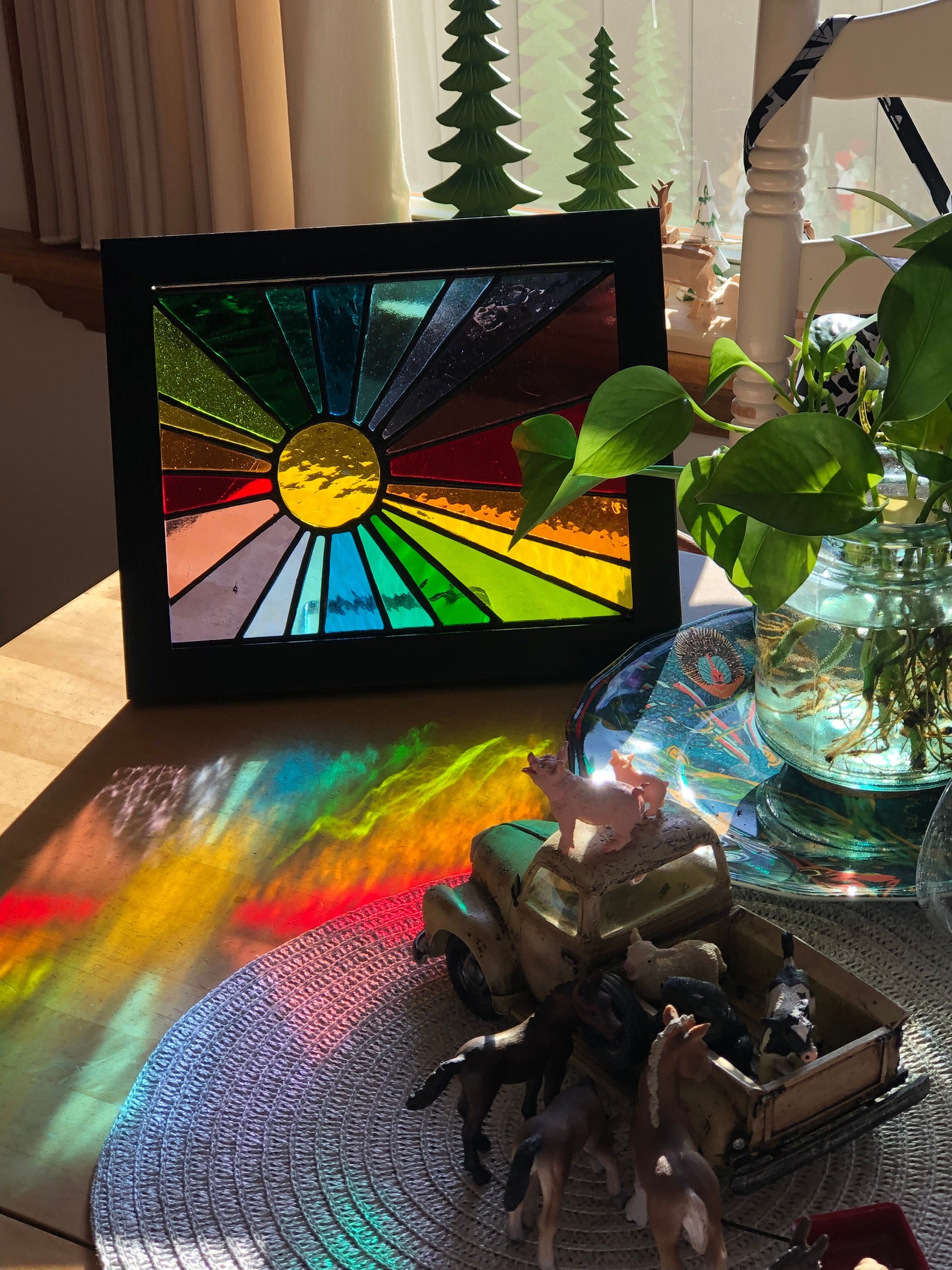 Rainbow Sunburst Stained Glass Window Panel - Etsy