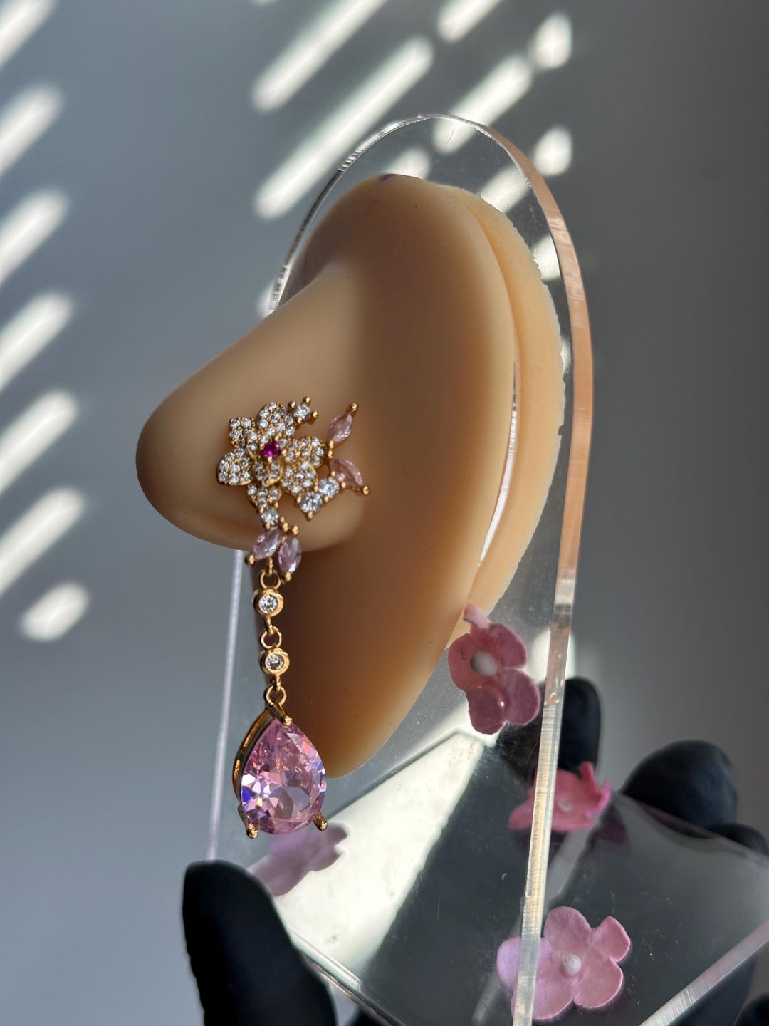 Large Dangle Nose Ring. Flower Dangle Nose Ring. Pink Dangle Nose Ring ...