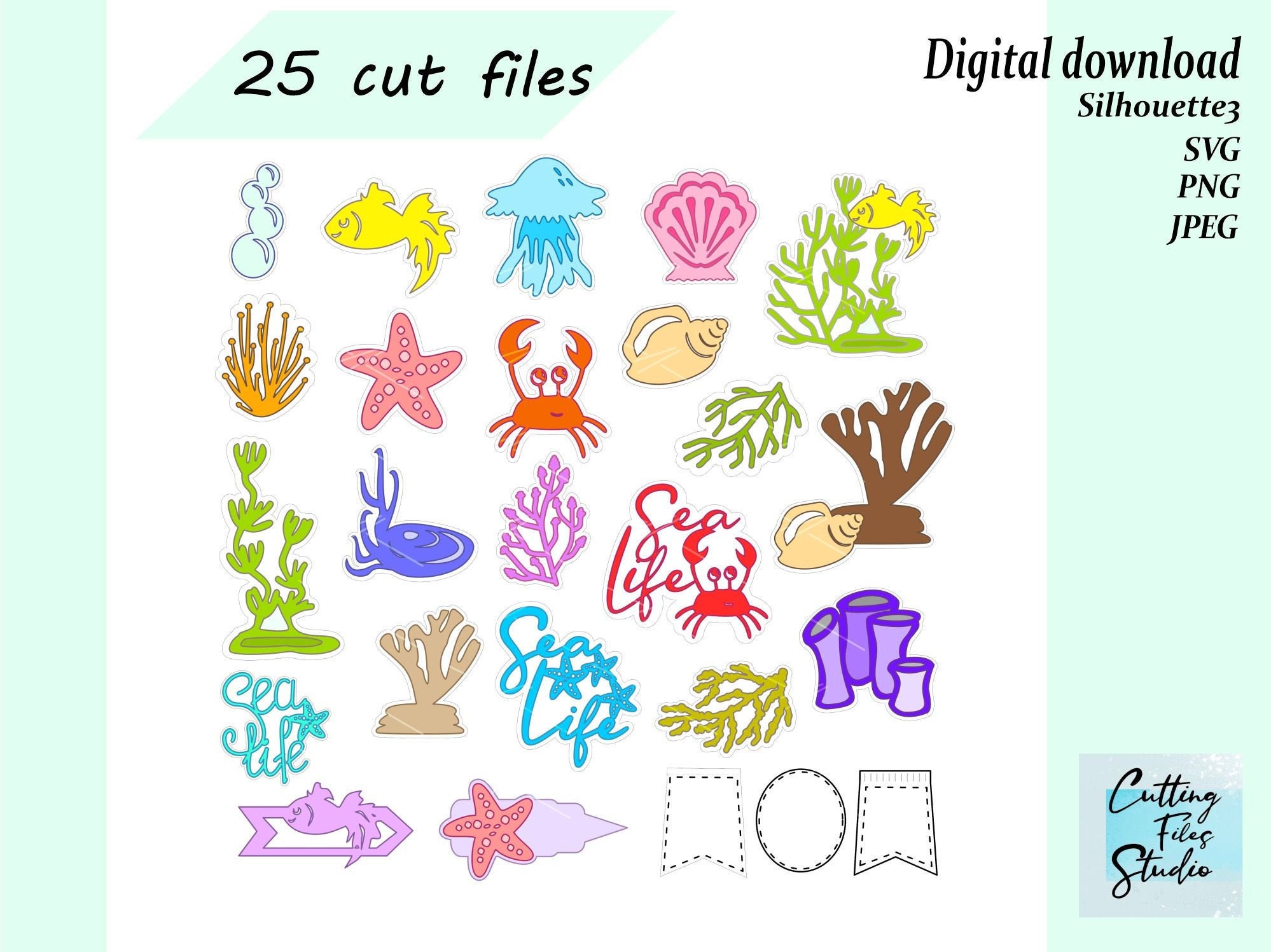 Sea Life Set of 25 SVG Cut File, Seashells Crab Instant Download Svg ...
