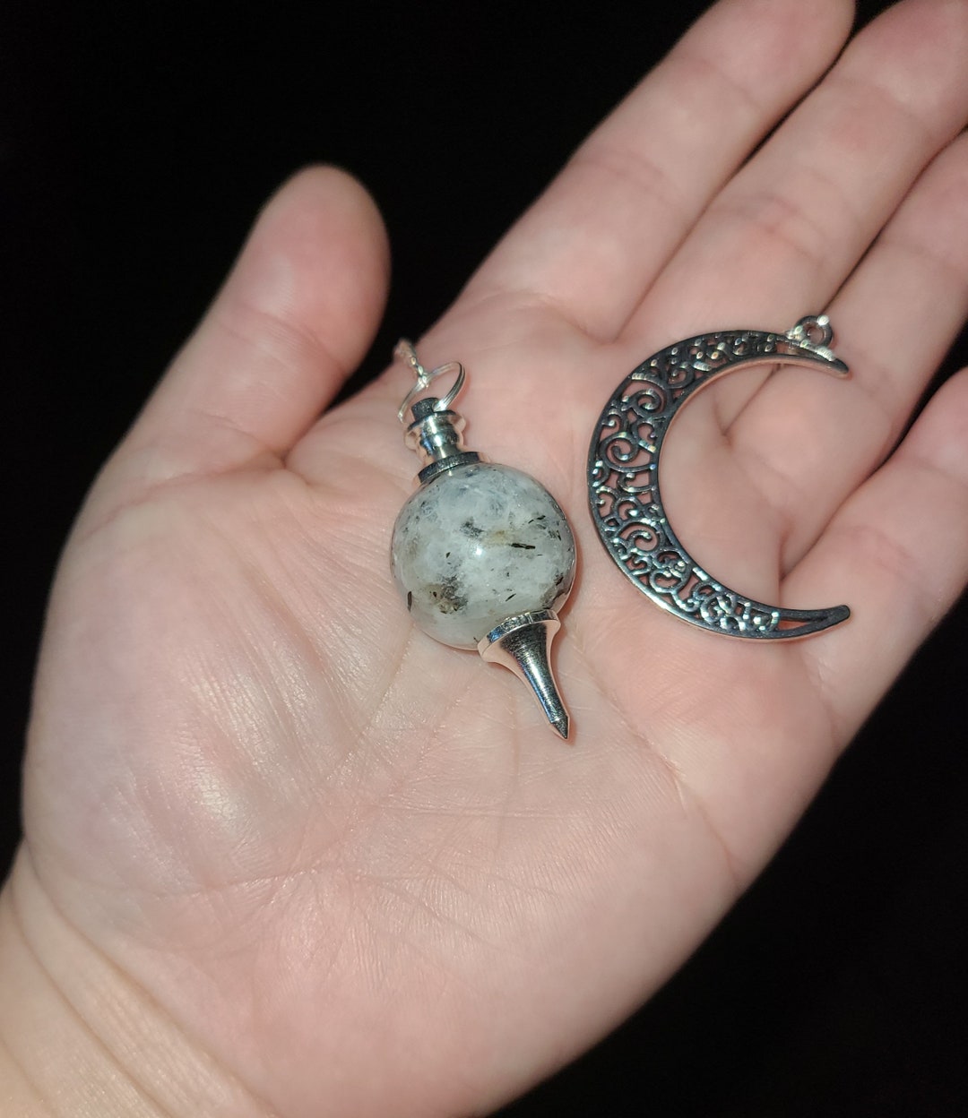 Rainbow Moonstone Sephoroton Pendulum W/ Large Crescent Moon Fob, Ball ...