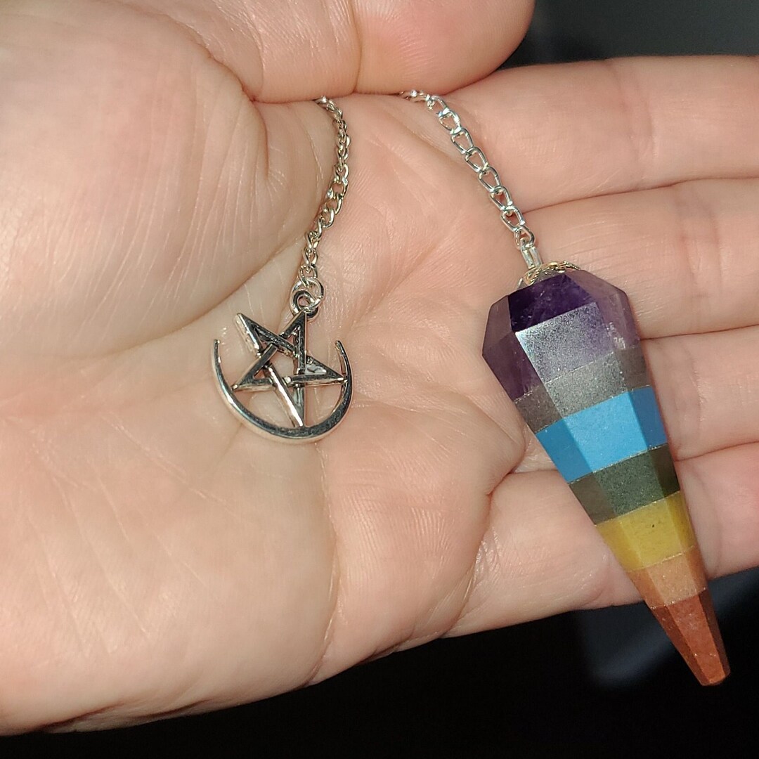7 Chakra Faceted Cone Crystal Pendulum W/ Pentacle Crescent Moon FOB, Healing, Dowsing, W ...