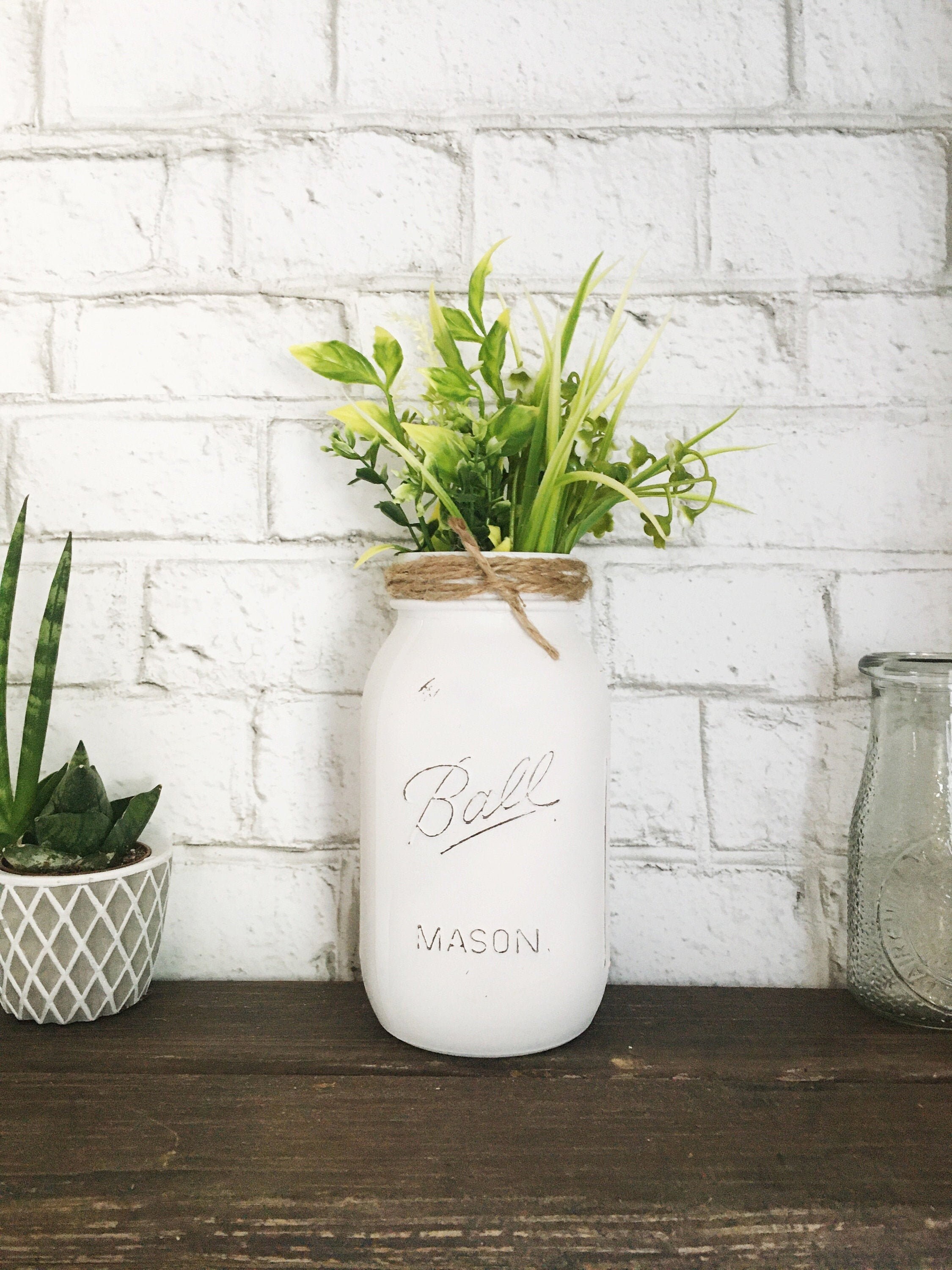 Painted Mason Jar, Distressed Farmhouse Mason Jar Vase, White Rustic ...