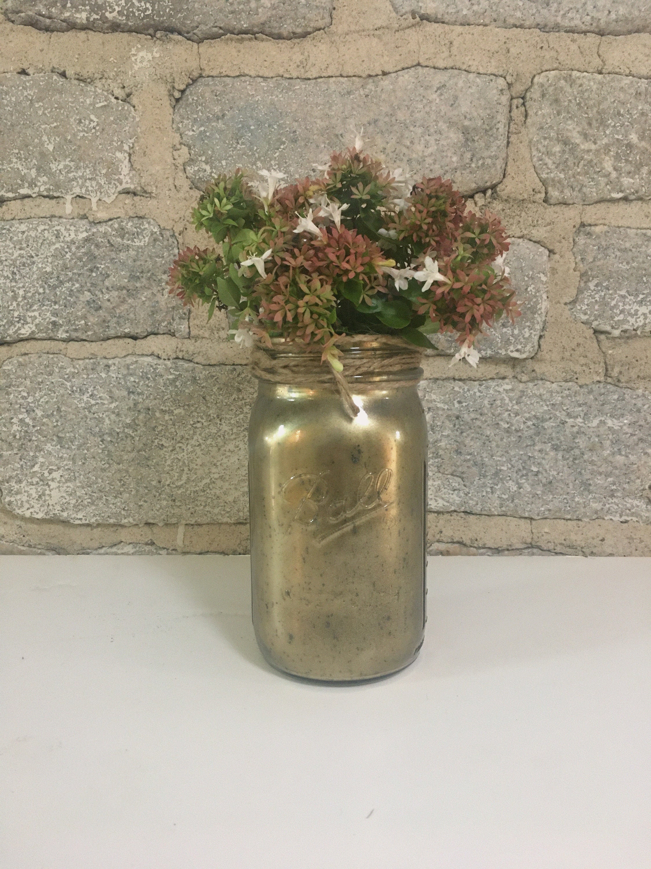 Antiqued Mason Jar, Rustic Gold Mason Jar Vase, Farmhouse Decor
