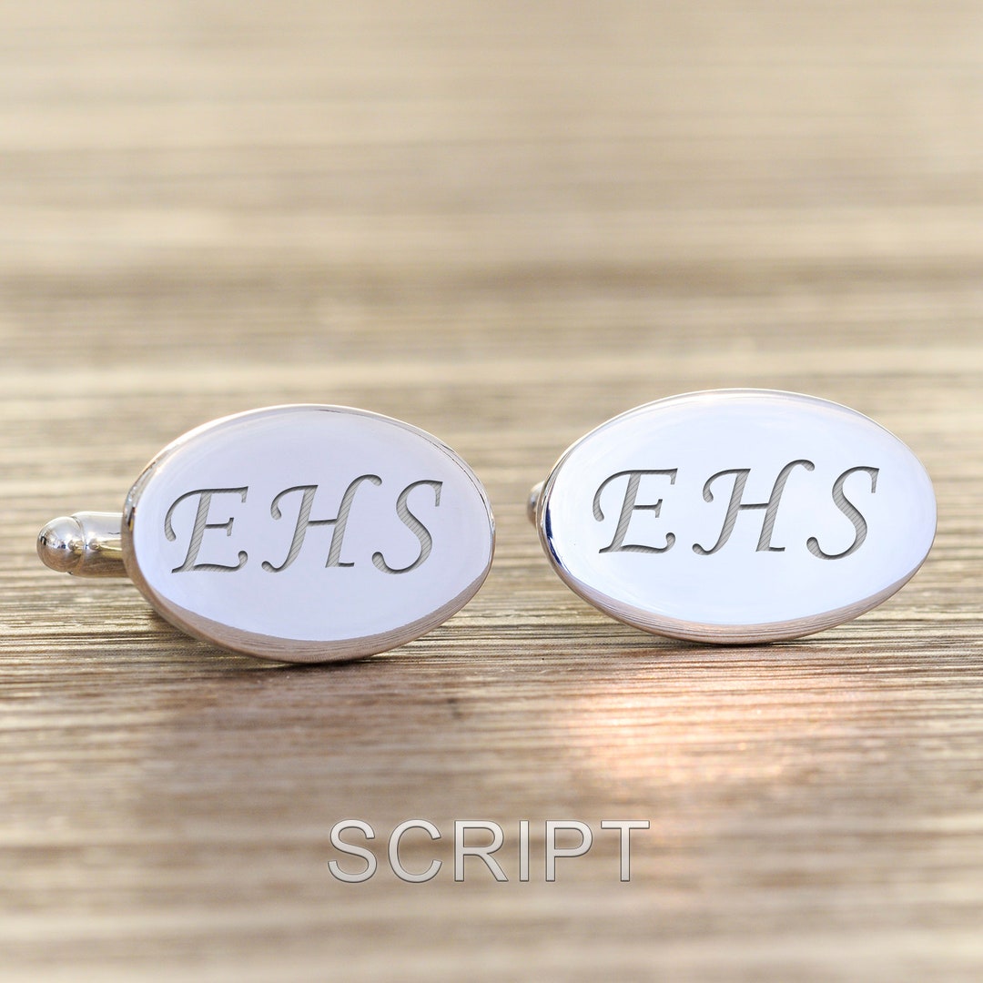 Engraved Initials Oval Cufflinks | Mens Dress Cufflinks | Silver Finish ...