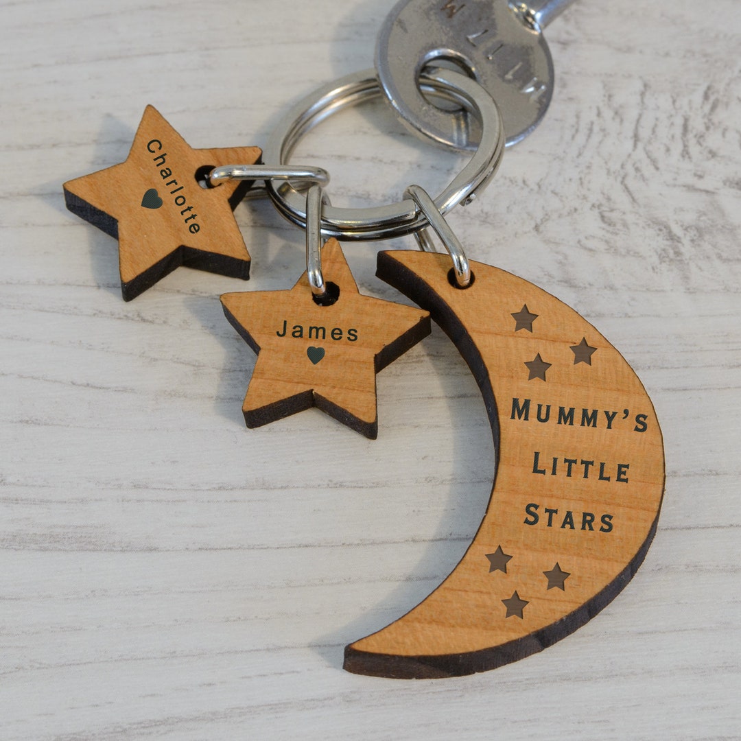 Wooden Key Ring -MOON & LITTLE STARS | Personalised Name Keyring | Gift ...