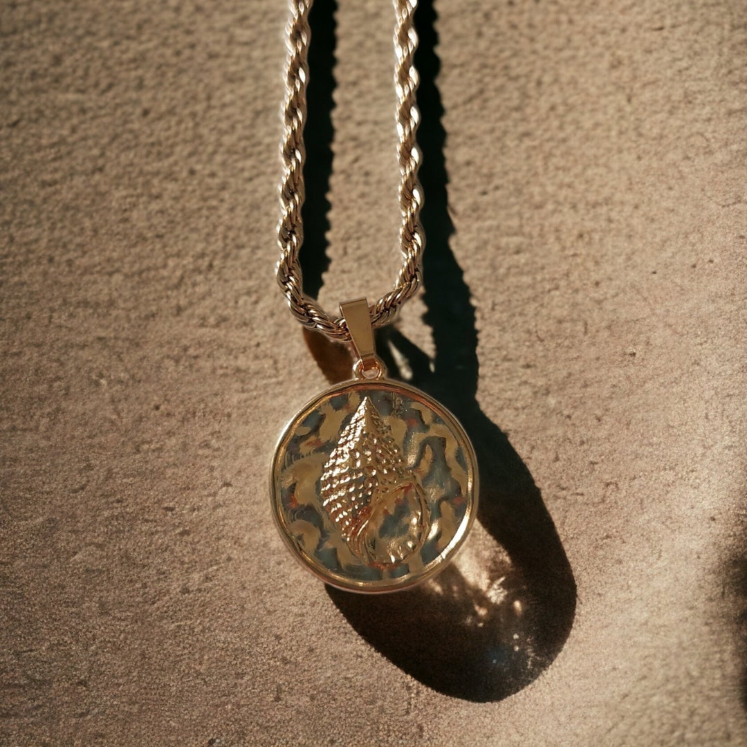 Embossed Seashell Coin Pendant, Handmade Greek Gold Beach Lover Gift - Etsy