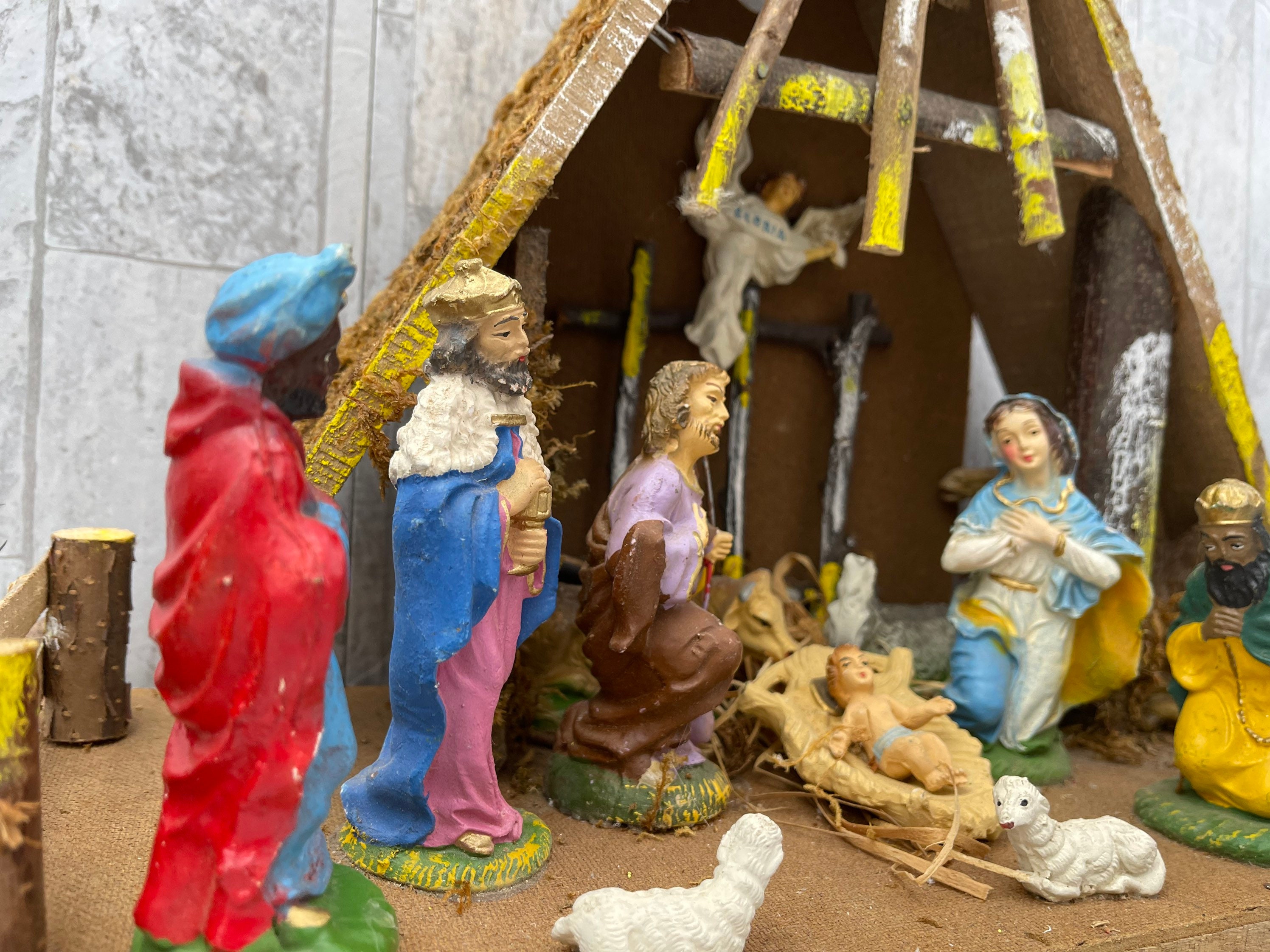 Vintage Nativity Set: Chalkware Figures, Rustic Wooden Stable, Made in ...