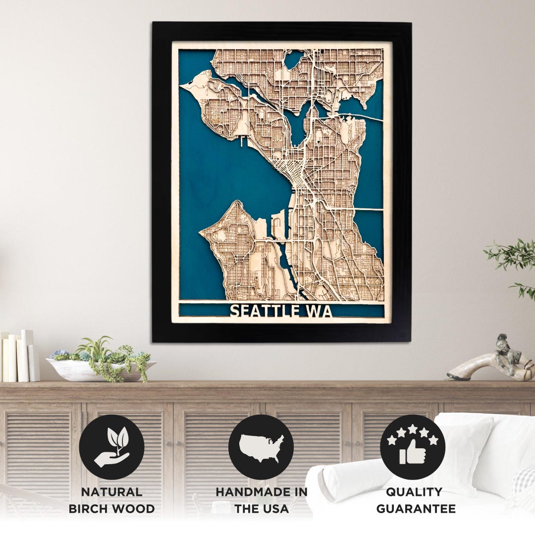 Seattle Laser Cut Map | Minimalist Wall Art | Precise Engraved Map Art ...