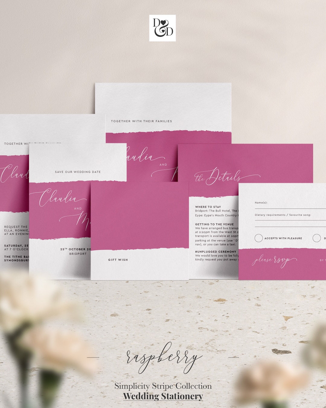 SAMPLE CARDS Simplicity Stripe in Raspberry Pink Save the Date, Wedding ...