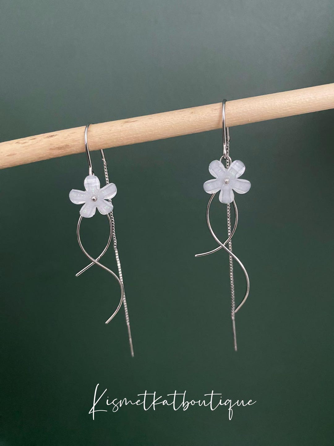 Sterling Silver Cherry Blossom Threader Earrings, Silver Long Threaders ...