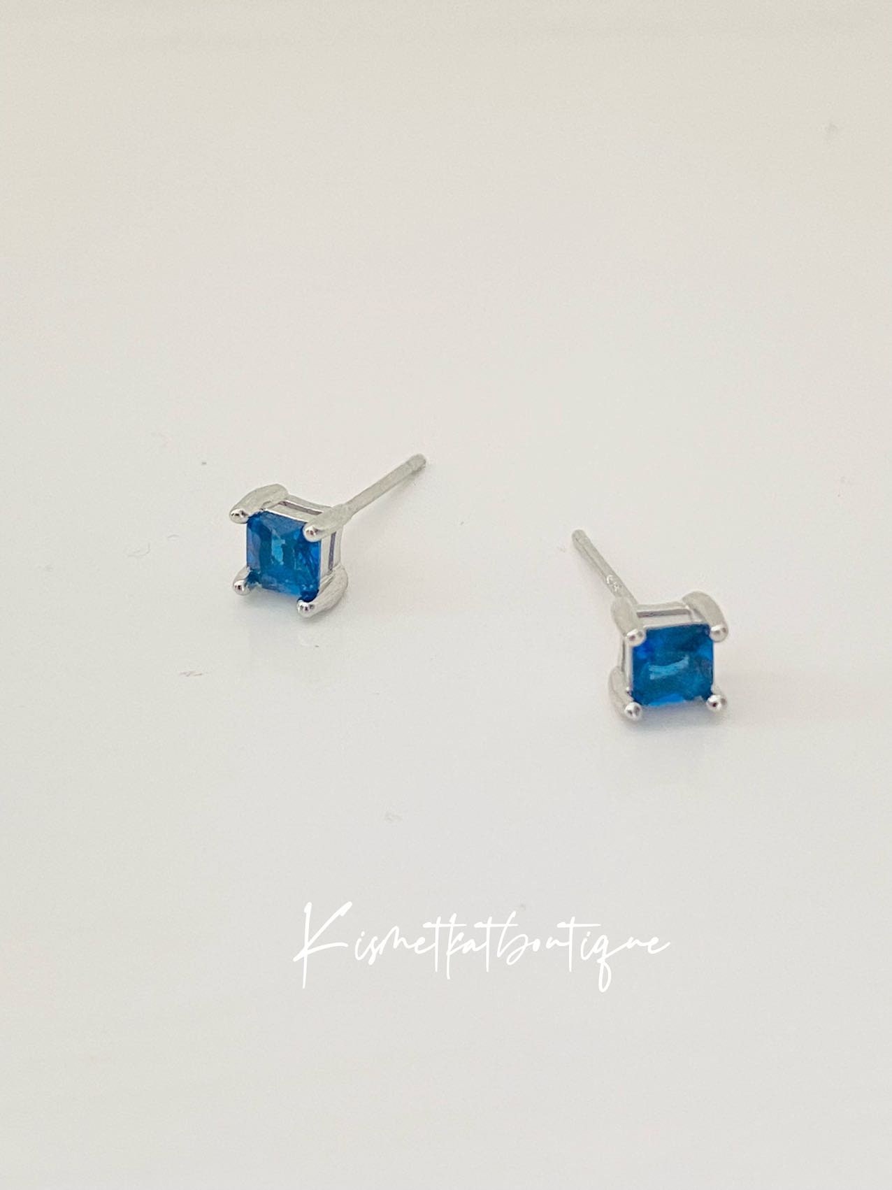 Blue Square Gemstone-inspired Mini Simple Stud Earrings - Etsy