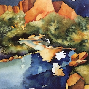 Red Rock Art Watercolor Print. Watch the Moon Rise Over the Canyon as ...