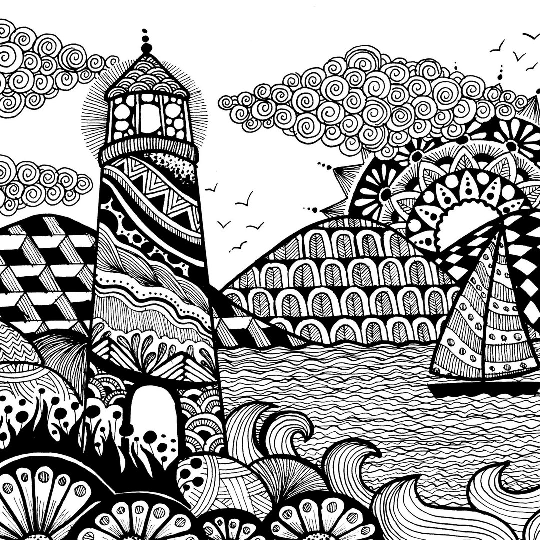 Zentangle Landscape Poster: Geometric Ink Drawing (digital Download) - Etsy